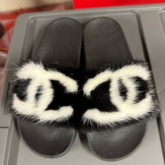 Shoes | Logo Black Fuzzy Fur Slippers Sizes 75 New | Poshmark